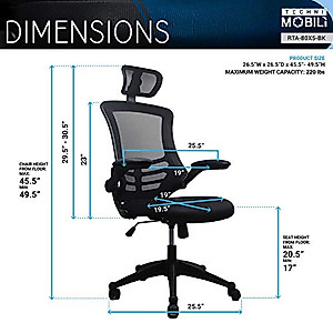Techni Mobili Modern Ergonomic High-Back Office Chair, Executive Mesh Home Office Chair with Adjustable Headrest & Flip Up Arms, Black