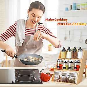 Churika Bamboo Spice Rack Organizer for Cabinet, Foldable 3-Tier Spice Shelf, Wooden Spice Rack Seasoning Organizer for Countertop, Kitchen Drawer