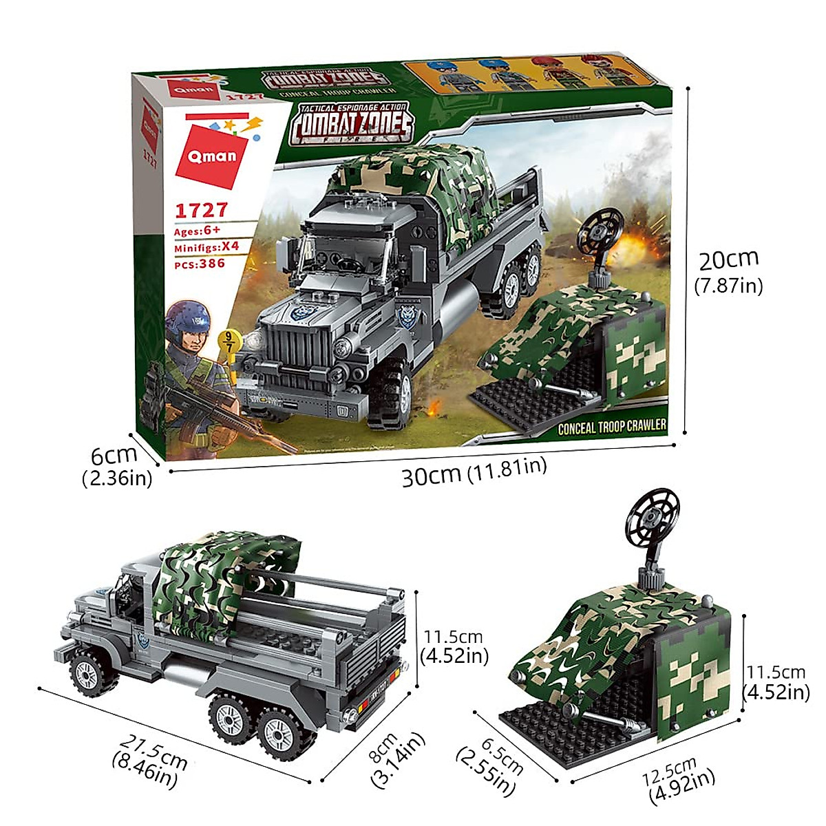QMAN Military Vehicle Building Blocks Sets, WW2 Army Building Blocks Set WWII Toyswith 4 Soldiers Toys Gift for Boy Ages 6-12 Years(386 Pieces)