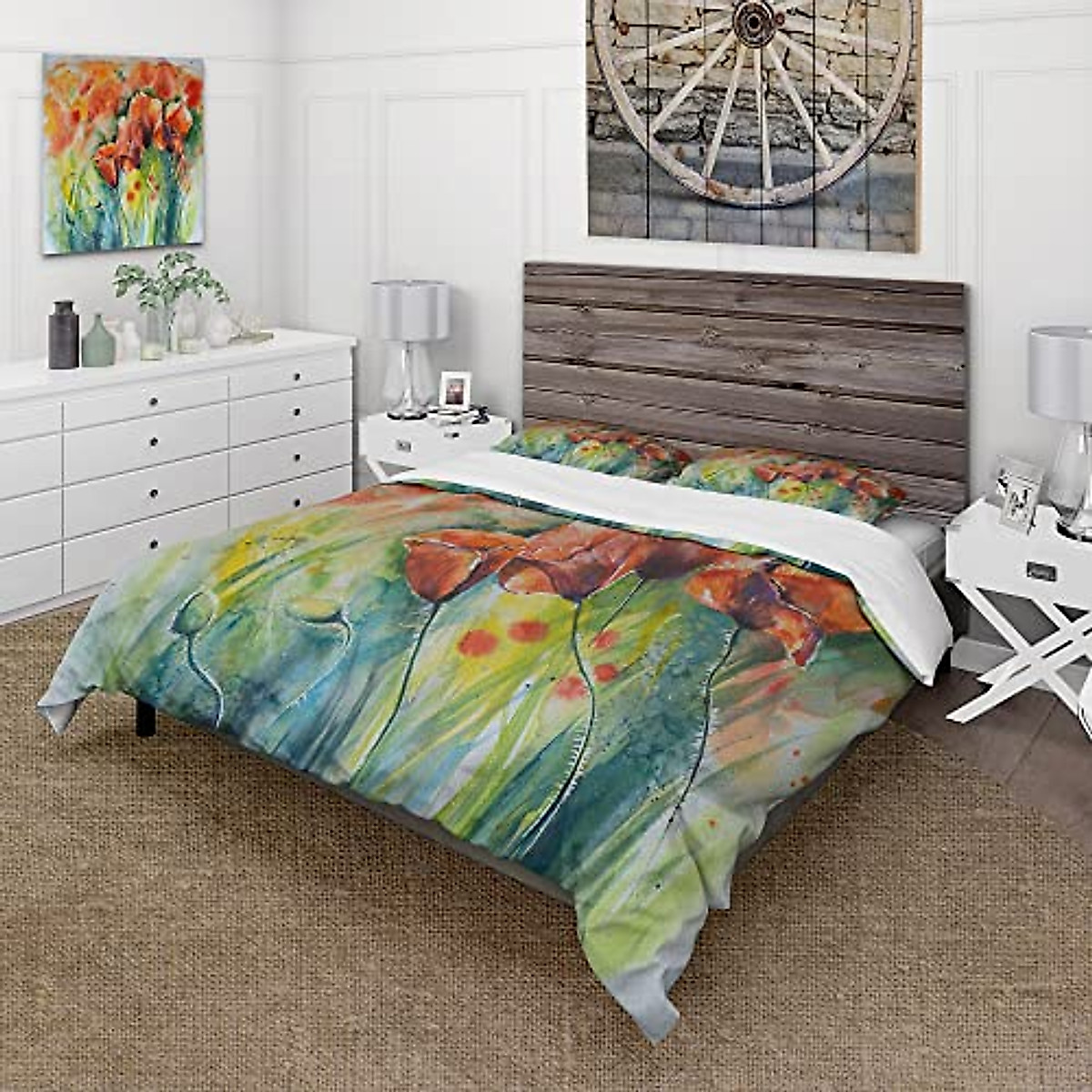 DESIGN ART Designart 'Red Blossoming Poppies V' Traditional Duvet Cover Set Twin Cover + 1 Sham 2 Piece