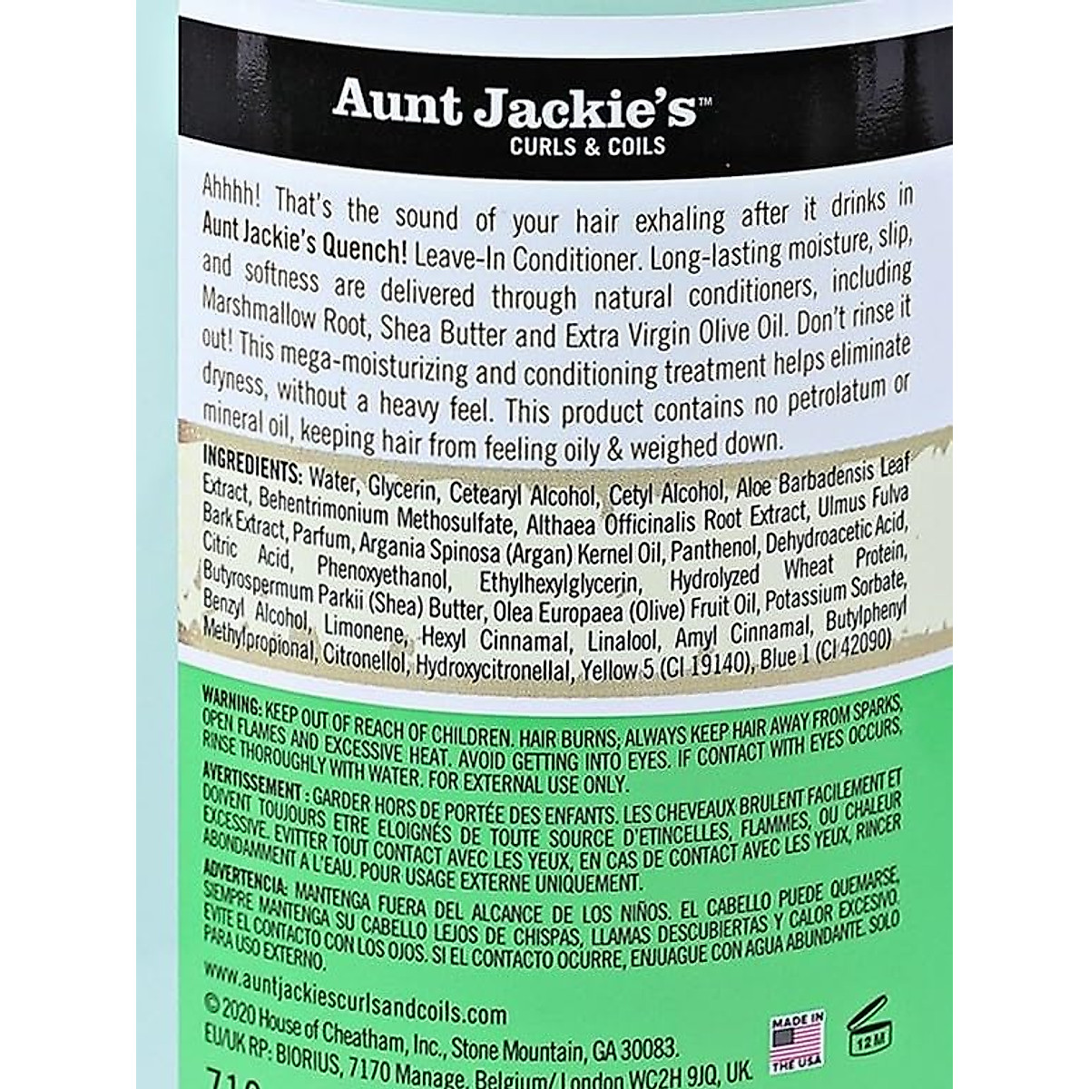 Aunt Jackie's Curls and Coils Quench Moisture Intensive Leave-In Hair Conditioner for Natural Curls, Coils and Waves, Enriched with shea Butter, 16 oz