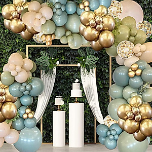 Sage Green Blue Balloons Garland kit, 138pcs Dusty Blue Sand White and Gold Balloons for Boys Baby Shower Wedding Birthday Jungle Safari Woodland Wild One Party Decorations………