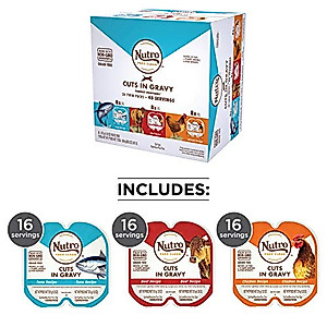 NUTRO Grain Free Natural Wet Cat Food Cuts in Gravy Beef Recipe, Tuna Recipe, and Chicken Recipe Variety Pack, (24) 2.64 oz. PERFECT PORTIONS Twin-Pack Trays