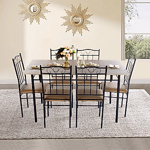 Dining Table Set for 6, Kitchen Table and Chairs for 4-6 People, 7 Piece Kitchen Table Sets, Rectangular Dining Room Table Set with 6 PU Leather Chairs, Beech/Brown