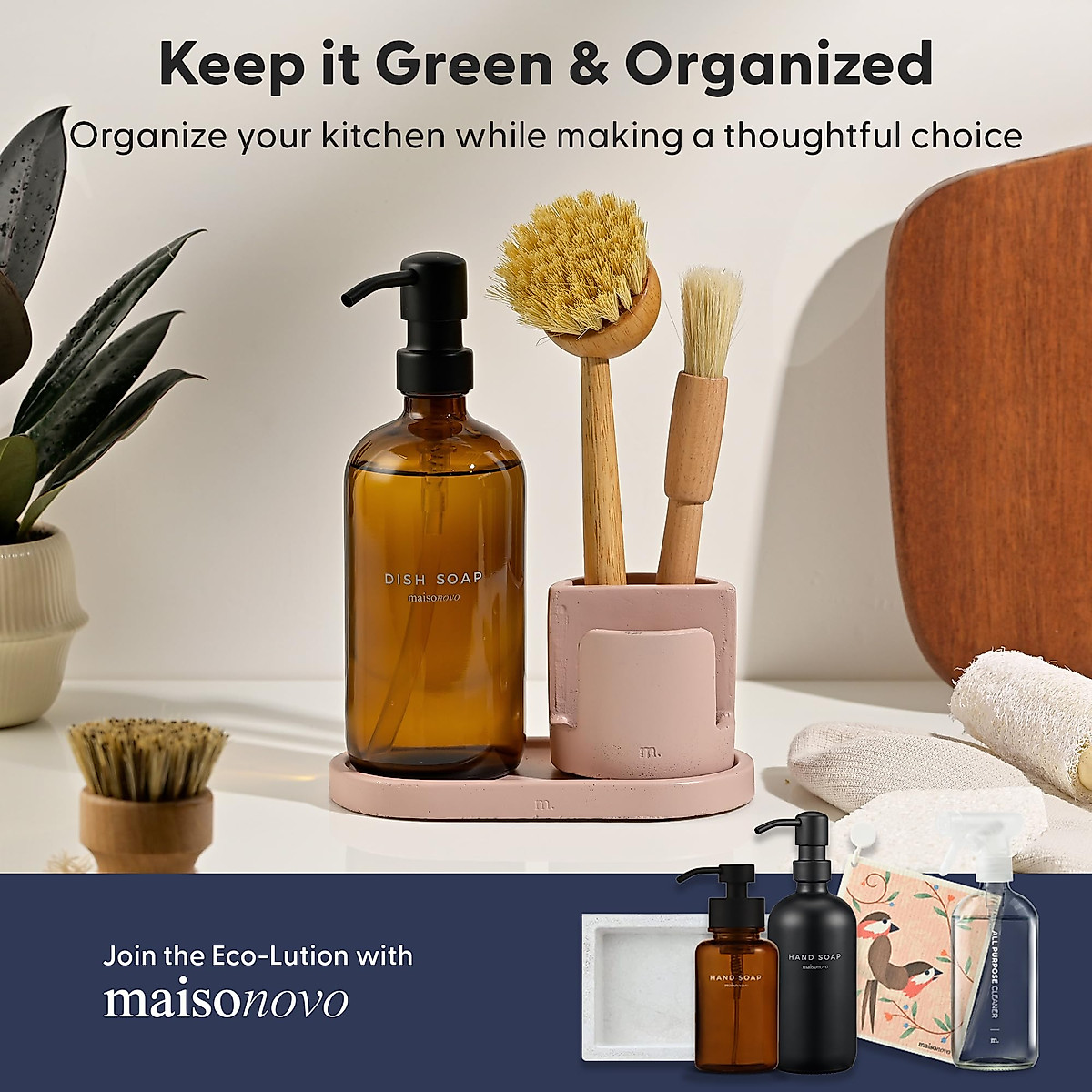 MaisoNovo Concrete Sink Sponge Holder - Kitchen Sponge Holder for Sink, Concrete Sponge and Brush Holder, Soap Dispenser, Pink Concrete Holder with Pink Oval Tray and Amber Bottle Black Pump