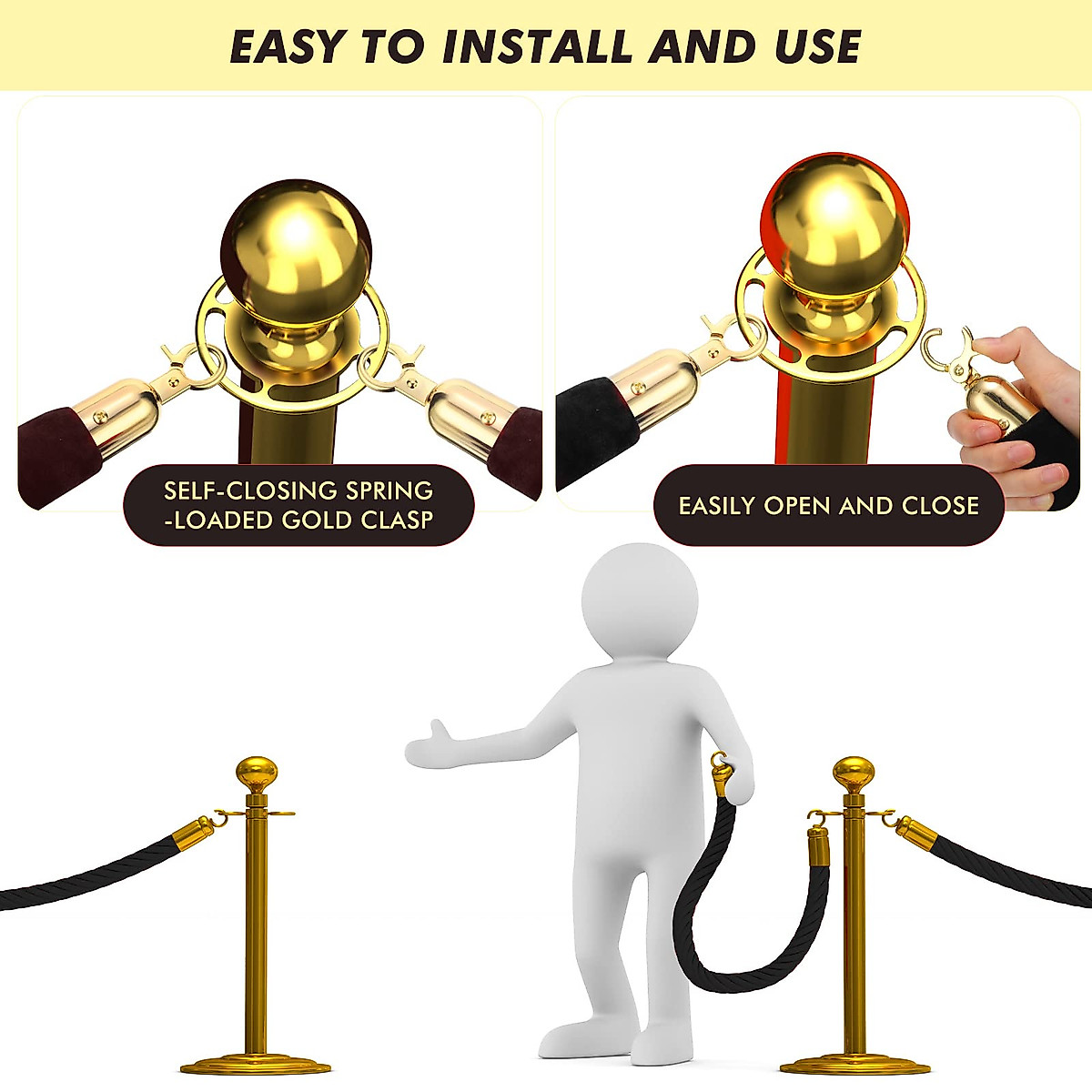 6 Pack Velvet Stanchion Rope, 5 Feet Crowd Control Stanchion Ropes Safety Barrier with Gold Plated Hook for Carpet Events Movie Theaters Grand Openings Hotels Party (Black,6 Pcs)