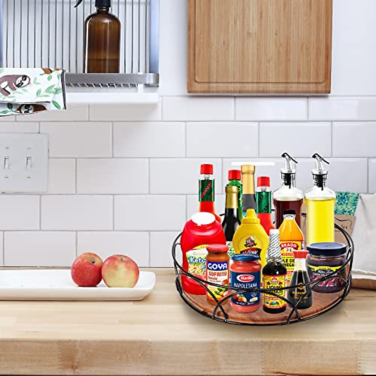 12.5" Wooden Lazy Susan Turntable, Kitchen Table Top Spice Organizer with Steel Frame, 360 Degree Rotating Lazy Susan Tray for Countertop, Cabinet, Dining Table, Bathroom