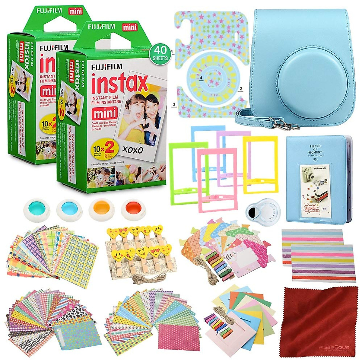 FUJIFILM Instax Mini 11 (Sky Blue) 168 Piece Accessory Bundle w/FUJIFILM INSTAX Mini Instant Film (40 Exposures) Camera Case w/Strap, Selfie Lens, Album, Stickers, Frames & More