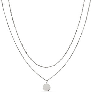Amazon Essentials Sterling Silver Plated Polished Disc and Beaded Chain 2 Row Layer Necklace, Sterling Silver
