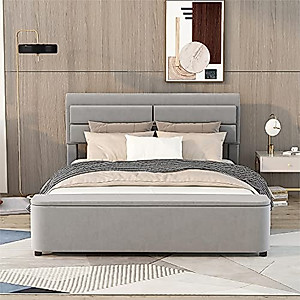 LCH Queen Size Upholstered Bed with Storage Headboard and Footboard, Velvet Queen Platform Bed Frame, Wood Support Legs, No Box Spring Needed (Grey)