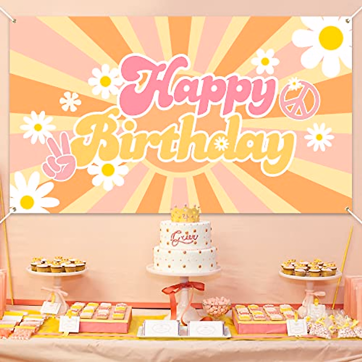 A1diee Groovy Happy Birthday Backdrop Banner Retro Hippie Boho Girl Birthday Party Decorations Party Supplies Daisy Flower XtraLarge Photography Background for Baby Shower Photo Prop Wall Decor