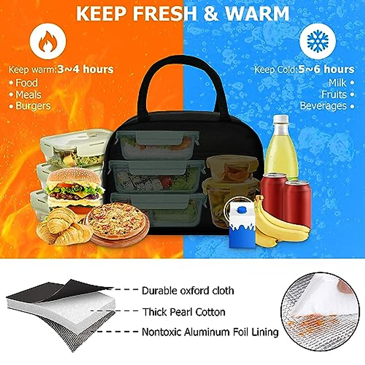 10L 19Cans Insulated Lunch Bag for Women Men, Reusable Lunch Box for Office Work Picnic Beach Travel, Leakproof Soft Cooler Tote Bag Freezable Lunch Bag for Adult, Black