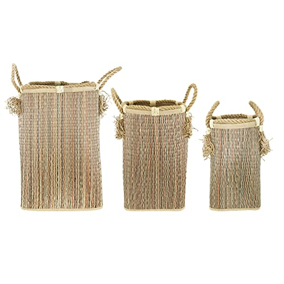 Creative Co-Op 14.25", 18" & 22" Handwoven Seagrass Handles & Tassels (Set of 3 Sizes) Baskets, Multicolor