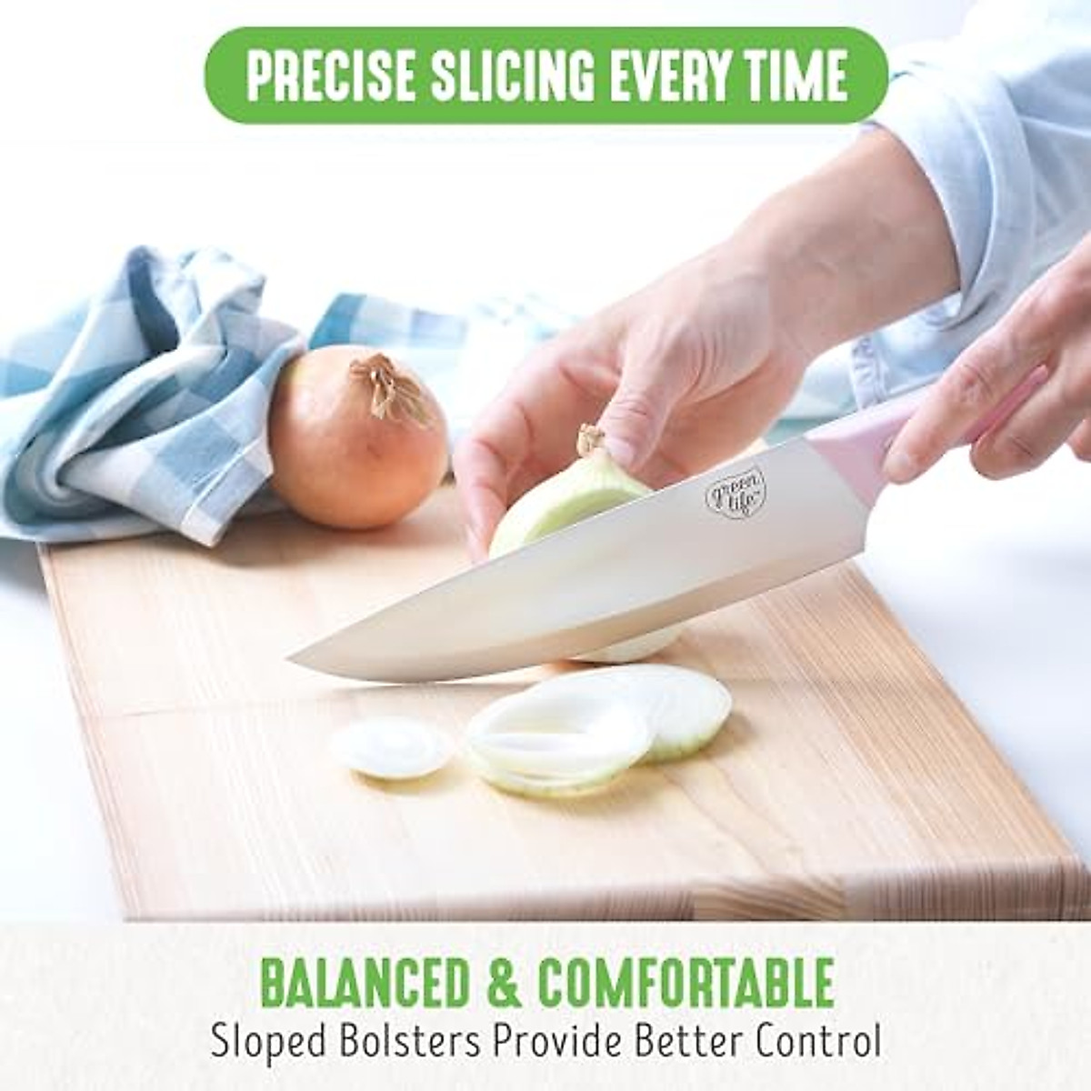 GreenLife High Carbon Stainless Steel 13 Piece Wood Knife Block Set with Chef Steak Knives and more, Comfort Grip Handles, Triple Rivet Cutlery, Soft Pink