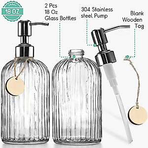 JASAI 2PACK 18 Oz Glass Soap Dispenser with Rust Proof Stainless Steel Pump, Refillable Hand Soap Dispenser with Vertical Stripe, Premium Bathroom Soap Dispenser for Kitchen & Bathroom.