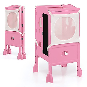 Costzon Kids Kitchen Step Stool with Safety Rail, Folding Wooden Step Helper w/Adjustable Height, Blackboard, Protective Netting, Stable Fixed Feet, Countertop Standing Tower for Toddlers(Pink)