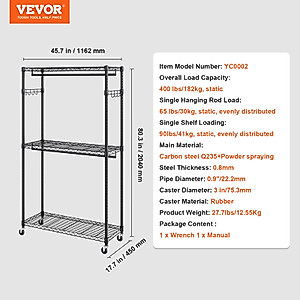 VEVOR Heavy Duty Clothes Rack, Rolling Clothing Garment Rack with 3 Storage Tiers, 2 Rods and 2 Pairs Side Hooks, Adjustable Height Clothing Rack Closet for Hanging Clothes, 400 Lbs Load Capacity