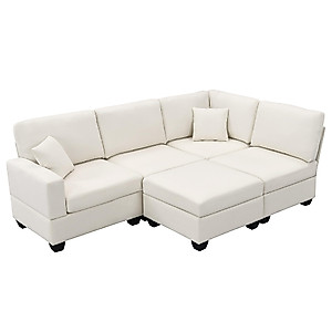 Merax Modern Sectional Sofa, 5-Seat Modular Couch Set with Convertible Ottoman, L-Shape Linen Fabric Corner Couch Set with 2 Pillows for Living Room/Apartment/Office, Beige