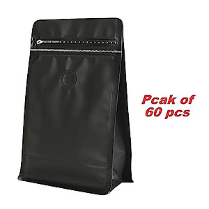 BAAGGNAA 60 Pack High Barrier Stand-Up Coffee Bean Bags with Vented Valve, Matte Metallic Ziplock, Heat-Sealable and Resealable Solid Color Pouches for Food Storage (5.3 * 10.4 inch,1 lb,Black)