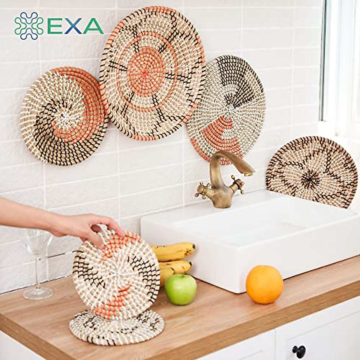 EXA Set of 6 Seagrass Wall Basket Cosmos Decor - Boho Farmhouse Rustic Room Style - for Thanksgiving Christmas Hanging Wall Art, Gift Idea, Table Settings - Handmade, Round, Natural Wicker