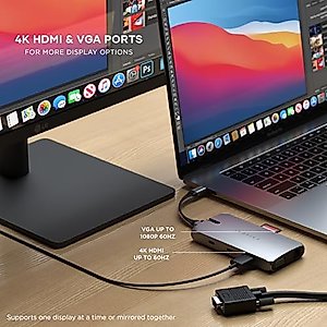 Satechi USB C Hub Multiport Adapter, USB C Docking Station 9 in 1, 4K HDMI, 100W USB C PD Charging, USB C Data, 2 USB-A, GbE, Micro/SD Card Readers, VGA, for MacBook, Windows - Space Gray