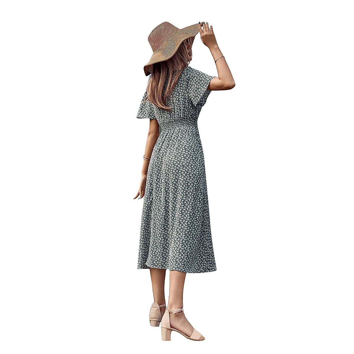 Floerns Women's Casual Floral Print Crewneck Short Sleeve A Line Boho Maxi Dress Green Multi L