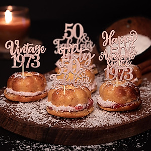 30 PCS Happy 50th Birthday Cupcake Toppers Glitter Fifty 50 Fabulous Vintage 1973 Cupcake Picks Cheers to 50 Years Cake Decorations for 50th Birthday Anniversary Party Supplies Rose Gold