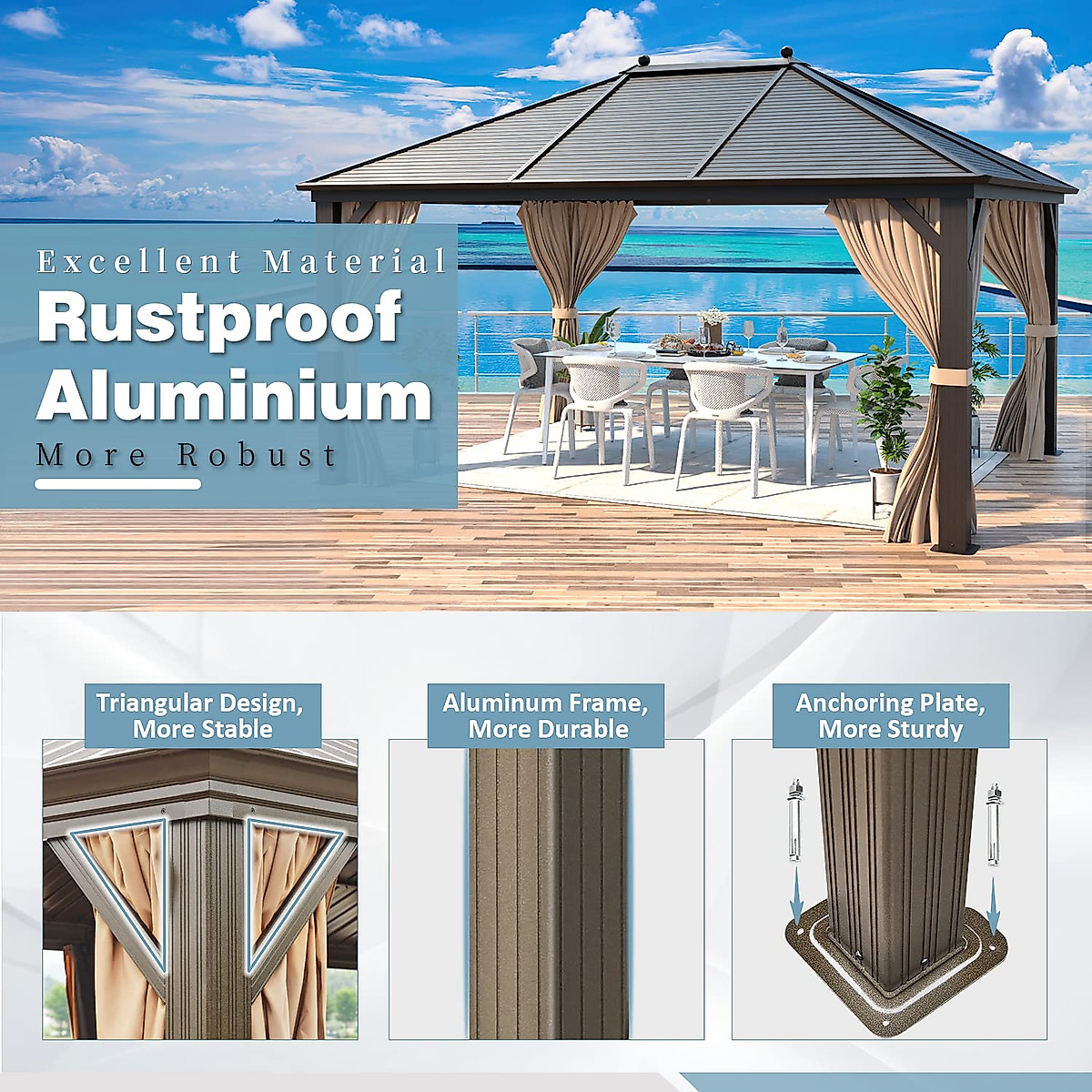 Mellcom Hardtop Gazebo 10x13ft Outdoor Galvanized Steel Canopy Curtains Aluminum Furniture with Netting for Garden,Patio,Lawns,Parties