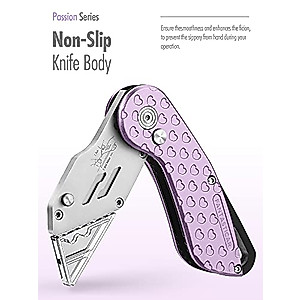 FantastiCAR Folding Utility Knife Cute Box Cutter, Chic Pattern on Metal Body with Extra 5 Blades (Purple-Hearts)