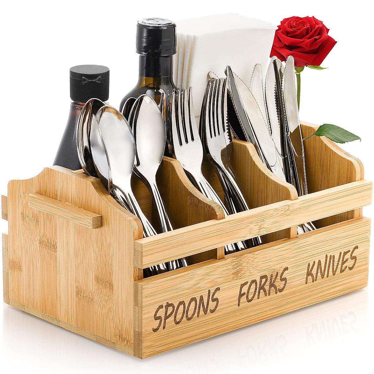 Yesland Silverware Holder Caddy, 4 Compartments Wooden Utensil Holder Flatware with Handle, Bamboo Cutlery Holder Organizer Containers for Party, Kitchen Countertop, Forks, Spoons, Knives, Napkins