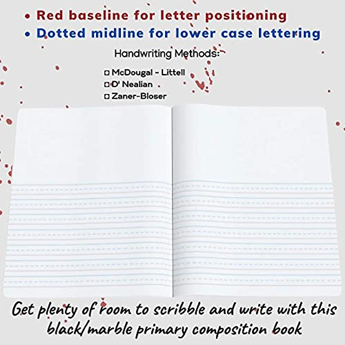 1InTheOffice Primary Journal Grades K-2, Composition Notebook for Kids, Wide Ruled Composition Notebook, Kids Notebooks for School, 100/Sheets, Red/Marble, 7.5" x 9.75", 4/Pack