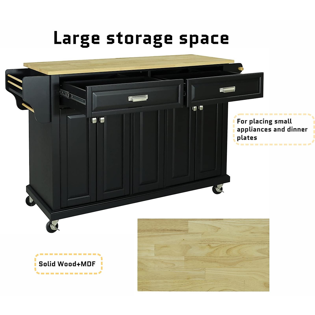 YWUFUART Solid Wood Kitchen Trolley with Storage Cabinet, Rolling Mobile Kitchen Island with Seasoning Rack and Towel Rack for Kitchen (Black)