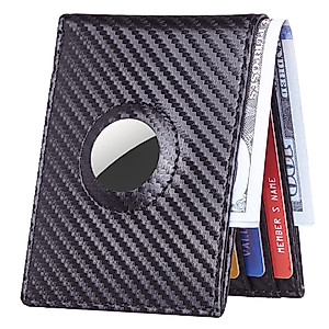 Hawanik Mens Bifold Wallet For AirTag, Slim RFID Blocking Wallet with Built-in Holder for AirTag Carbon Fiber Texture