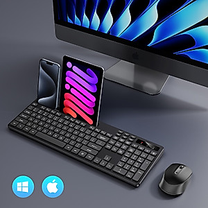 Wireless Keyboard and Mouse Combo, Soueto 2.4G Full-Sized Computer Keyboard with Phone Tablet Holder, 22 Multimedia Shortcuts, Numeric Keypad, 6 Button Silent Mouse for Windows, Mac (Space Black)