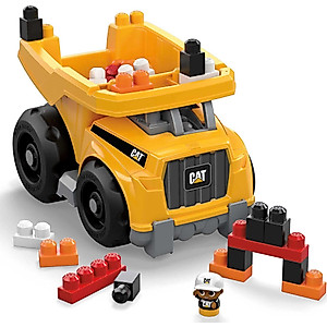 Mega BLOKS Cat Toddler Blocks Building Toy Set, Large Dump Truck with 25 Pieces and Storage, Yellow, Ages 1+ Years