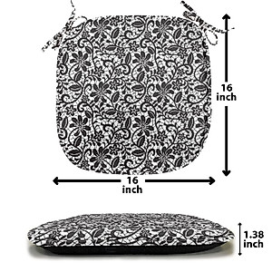 Lunarable Fractal Chair Seating Cushion Set of 2, Ceramic Mosaic Style Baroque Floral Design with Minimalist Effects Art, Seat Pads for Office with Anti-Slip Backing, 16"x16", Black and White