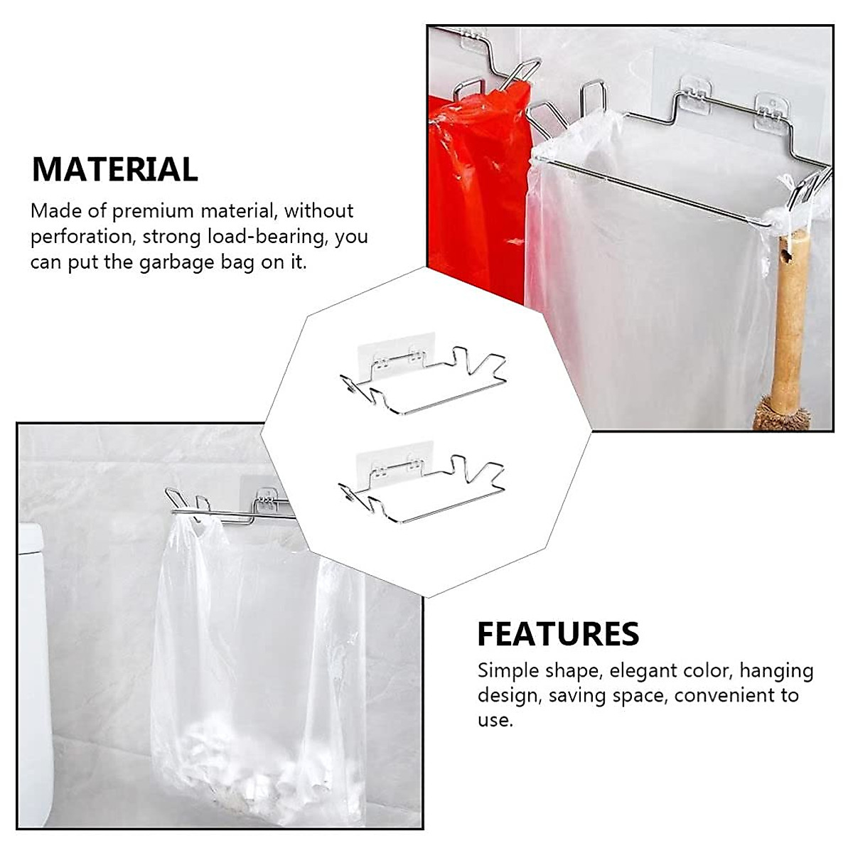 Cabilock 2 Sets Stainless Steel Trash Bag Holder Steel Over The Cabinet Rack Under Sink Garbage Bag Hook for Kitchen Pantry Bathroom Dorm Room Office