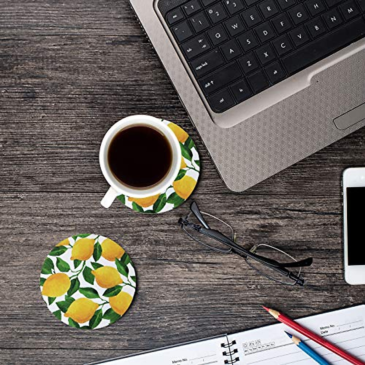 Drink Coasters Set of 6 with Holder, Lemon Absorbent Ceramic Coasters for Wooden Table, Rustic Coasters Cork Base New Home Decor House Warming Gift