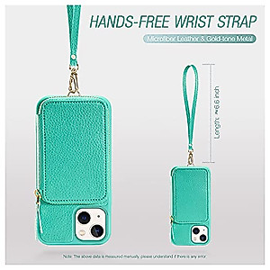 ZVE iPhone 13 Wallet Case with Wristlet, Zipper Leather Case with RFID Blocking Credit Cards Holder Slots, Protective Purse Handabage Cover for iPhone 13 6.1" (2021) - Mint Green