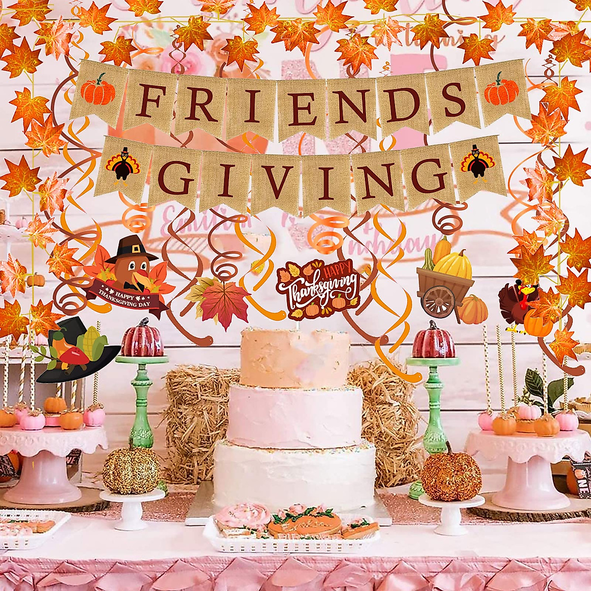 Famoby FRIENDSGIVING Burlap Banner Paper Triangular Bunting Maple leaf Garland Plastic Streamer for Thanksgiving Day Party Decoration