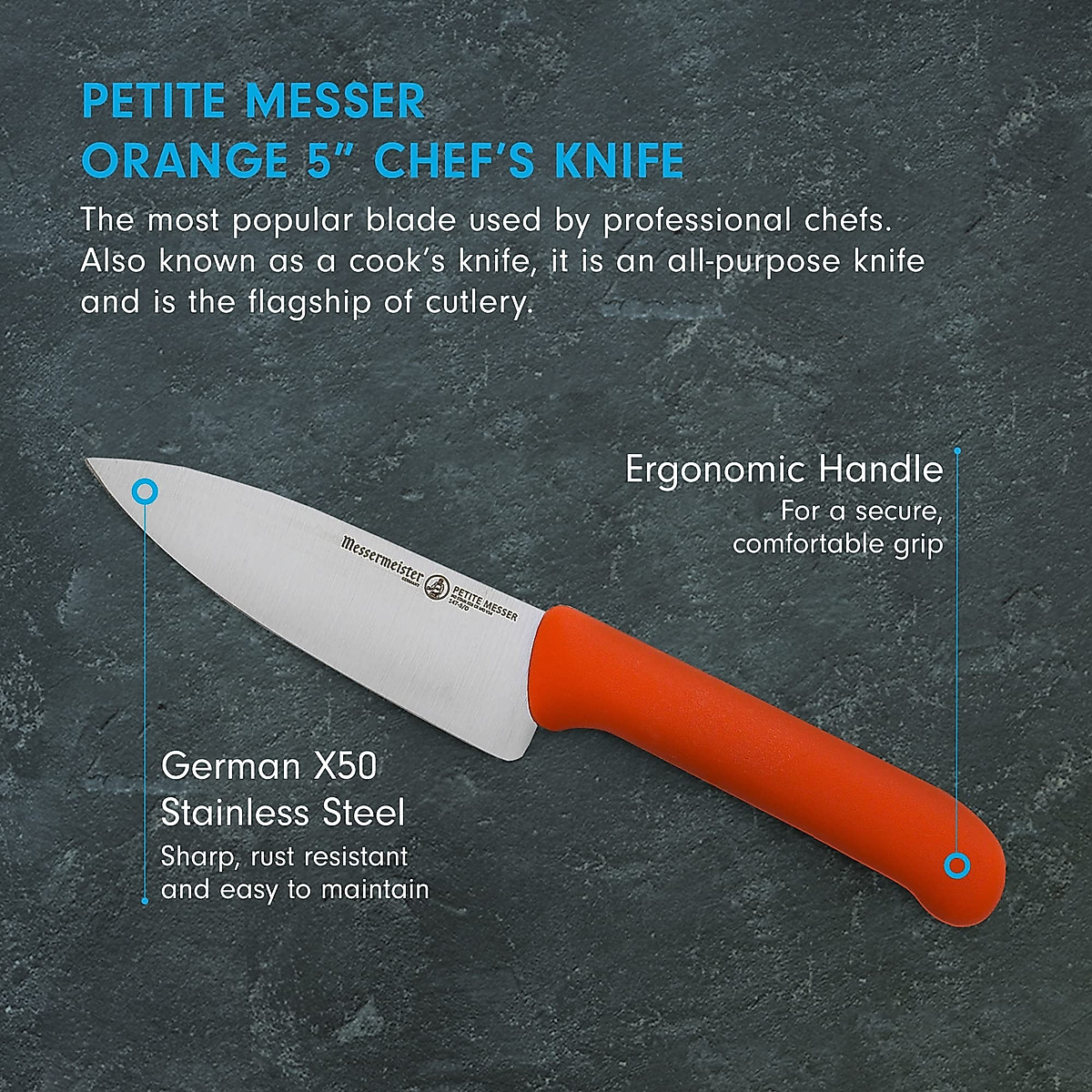 Messermeister Petite Messer 5” Chef’s Knife, Orange - German 1.4116 Stainless Steel & Ergonomic Handle - Lightweight, Rust Resistant & Easy to Maintain