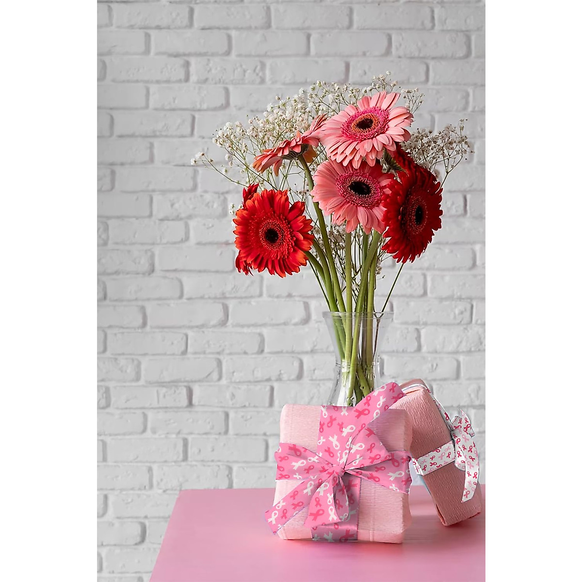 Threetols 2 Rolls 10 Yards Breast Cancer Awareness Wired Edge Ribbons, 2.5inch Pink White Awareness Ribbon, Breast Cancer Ribbon for Breast Cancer Awareness Women Activities Wreath Bow Decor