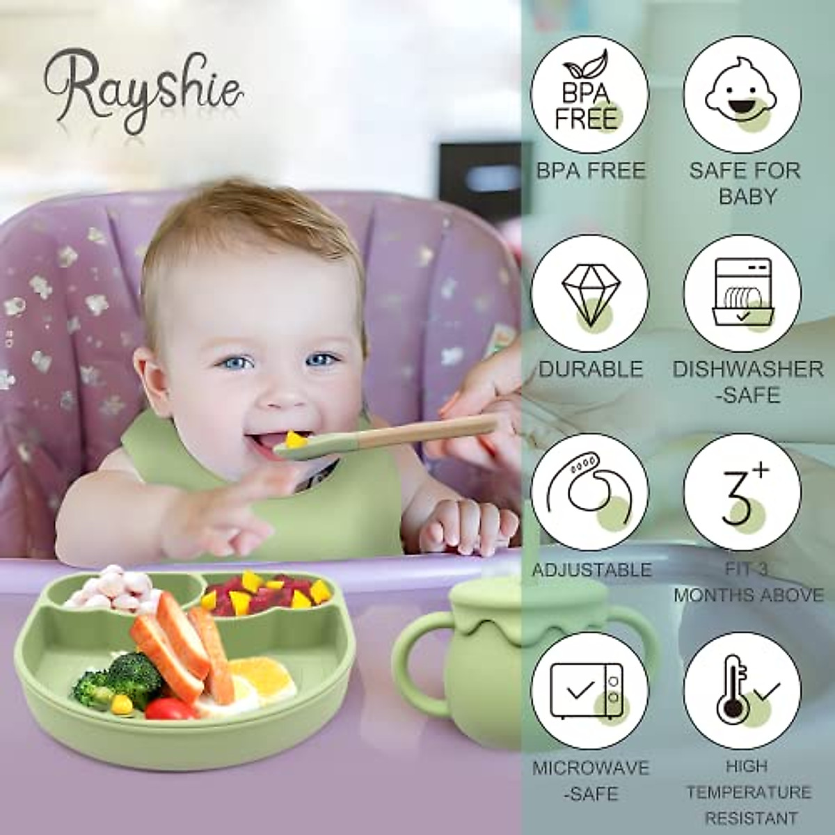Rayshie Baby Led Weaning Supplies,Baby Utensils 6-12 Months, BLW Utensils,Silicone Bib,Toddler Bowl,Straw Cup,Suction Divided Baby Plate,Fork&Spoon,Baby Eating Supplies,Baby Gifts (RS-FDs-Olive-22-03)
