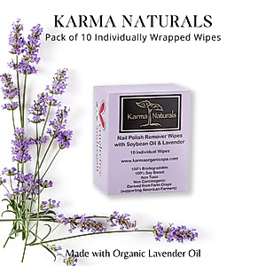 Karma Organic Natural Nail Polish Remover Wipes with Soybean and Lavender Oil, 100% Soy Based, Non-Toxic, Vegan, Cruelty-Free – Pack of 10