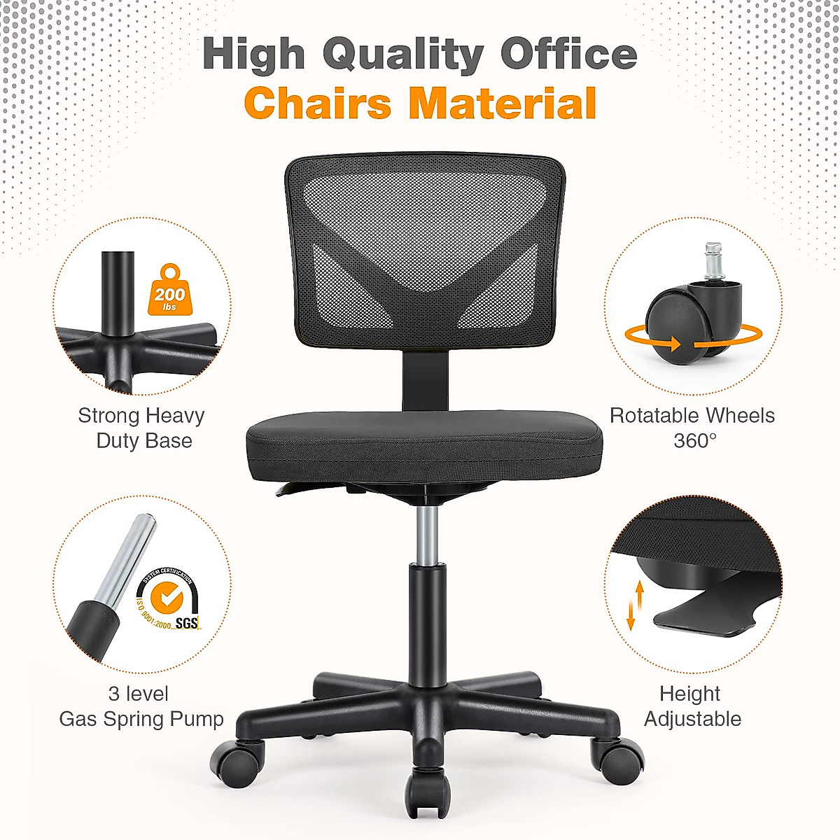 Armless Mesh Office Chair, Ergonomic Computer Desk Chair, No Armrest Small Mid Back Executive Task Chair with Lumbar Support and Swivel Rolling for Small Spaces, Black