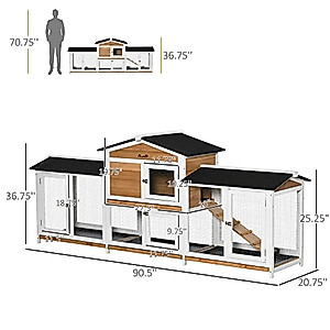 PawHut 90.5" Wooden Rabbit Hutch Bunny Cage Pet Playpen House Enclosure with Double Side Run Boxes, No Leak Tray, Ramp, for Guinea Pig and Small Animals, White