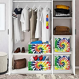 CaTaKu Rainbow Tie Dye Cubes Storage Bins 11 inch Collapsible Fabric Storage Baskets Shelves Organizer Foldable Decorative Bedroom Storage Boxes for Organizing Home