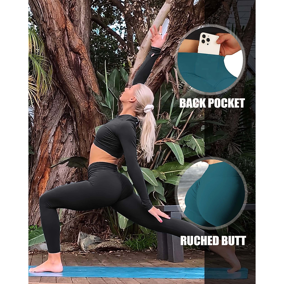 Danysu Gym Sets for Women 2 Piece Cross Waist Workout Clothes Long Sleeve Crop Tops Scrunch Butt Leggings Matching Outfits Black M