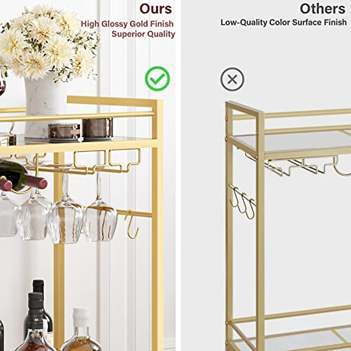 TUTOTAK Bar Cart, Serving Cart for Home, Microwave Cart, Drink Cart, Mobile Kitchen Shelf with Wine Rack and Glass Holder, Rolling Beverage Cart, Gold BC01BB031