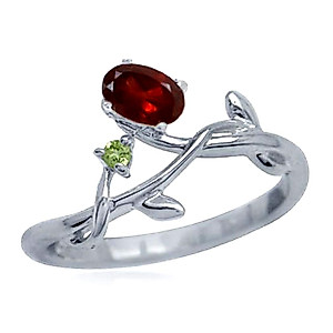 Silvershake Natural Garnet and Peridot White Gold Plated 925 Sterling Silver Vine Leaf Ring Size 4.5